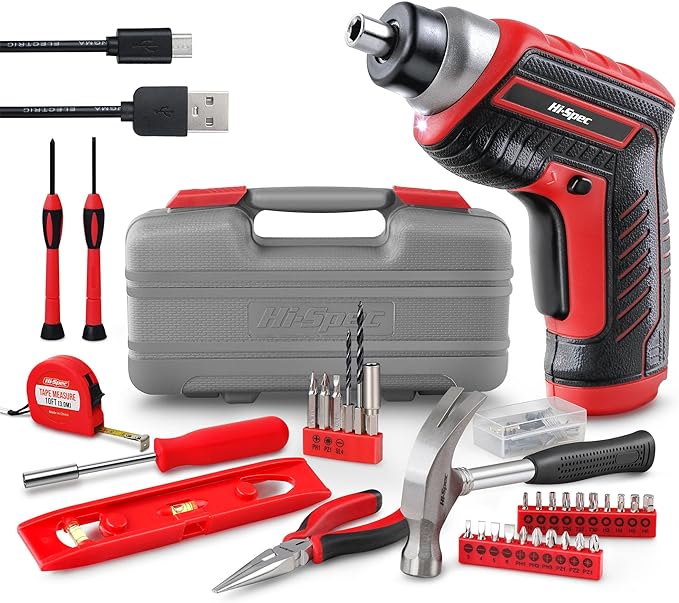Hi-Spec 35pc Red Tool Kit with 3.6V USB Electric Screwdriver and Drill ...
