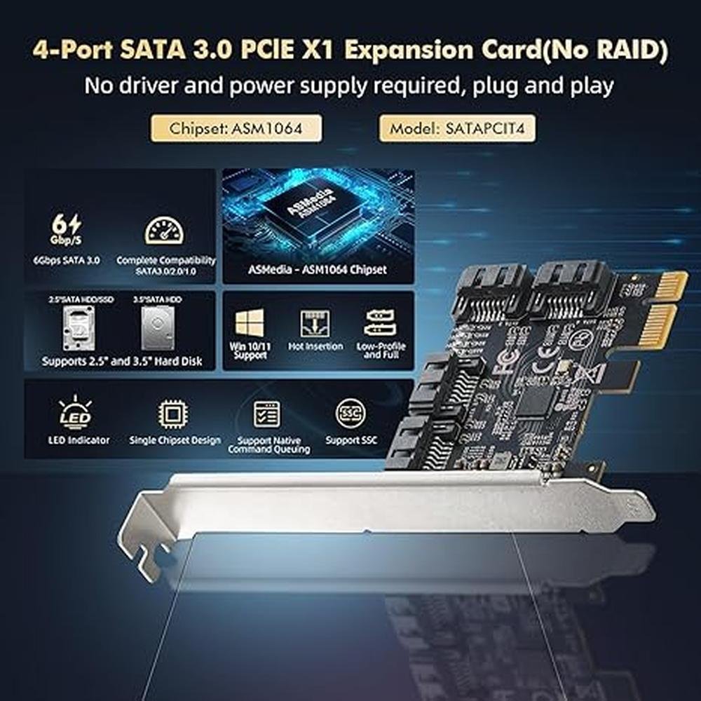 Binardat PCIE X1 to SATA Card 4 Port, 6Gbps SATA 3.0 Controller, Inclu ...